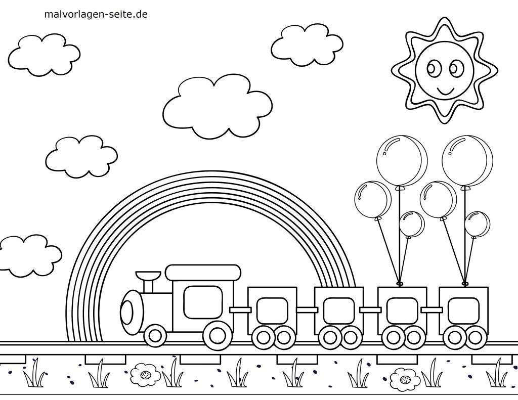 Ausmalbilder rund um Eisenbah, Zug und dampfender Lokomotive