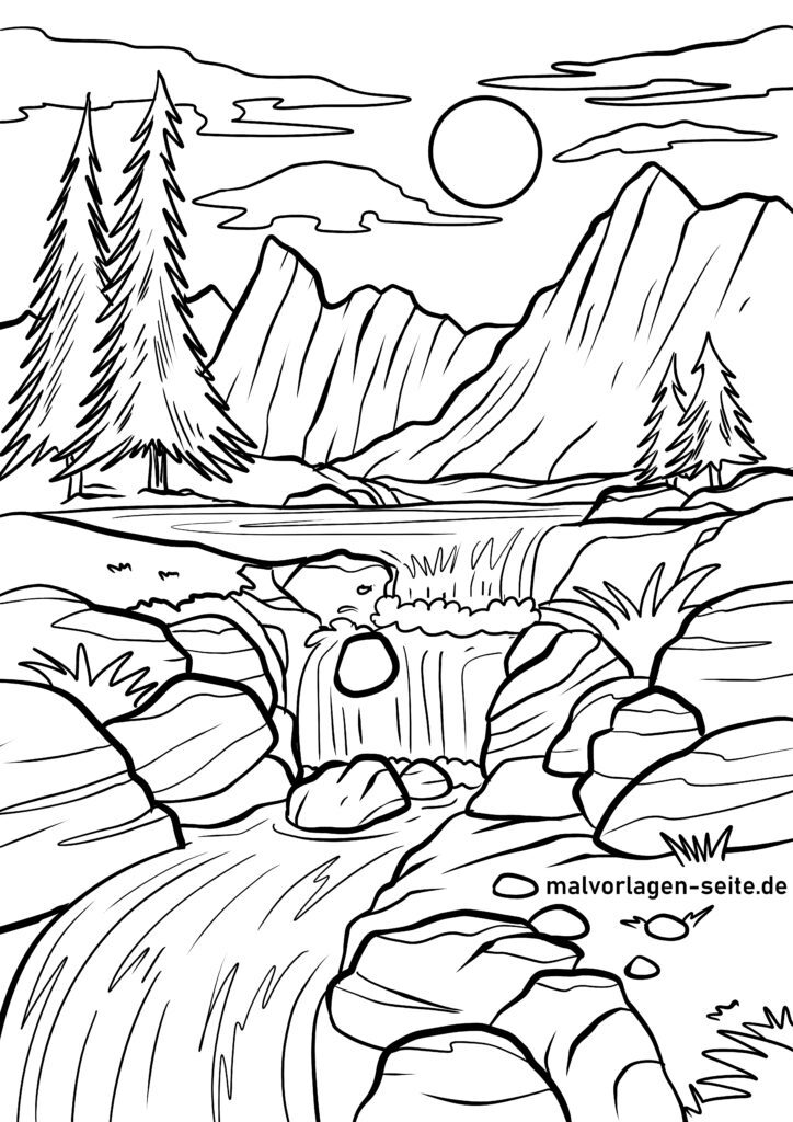 Landschaft Fluss Berge Lichtung Sketch Coloring Page