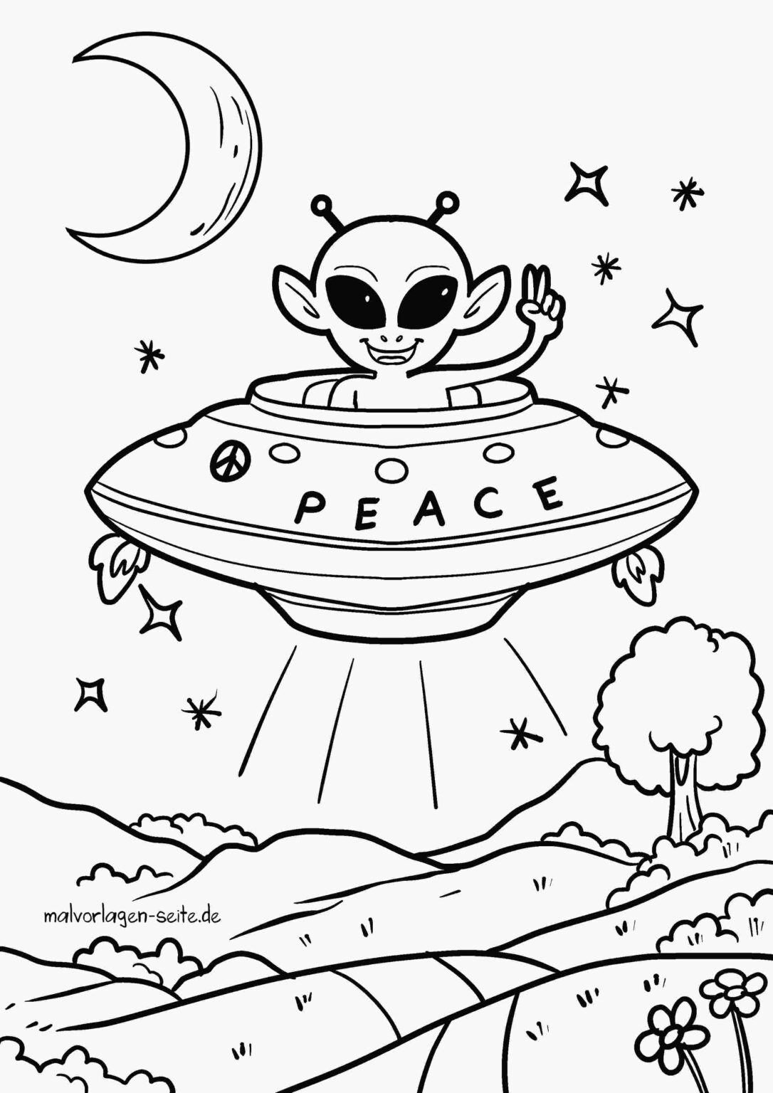 Malvorlage Alien im UFO | Jetzt kostenlos herunterladen